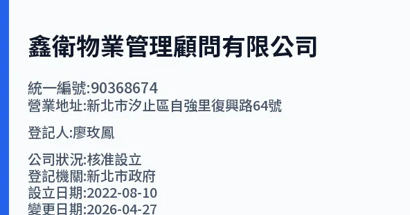 鑫衛物業管理顧問有限公司的照片-統編 90368674(新北市) 公司登記資料與營業項目詳細圖表