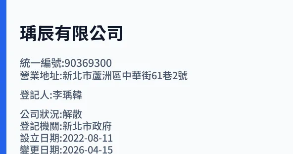 瑀辰有限公司的照片-統編 90369300(新北市) 公司登記資料與營業項目詳細圖表