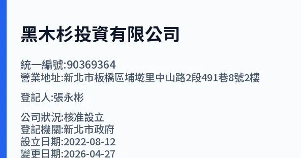 黑木杉投資有限公司的照片-統編 90369364(新北市) 公司登記資料與營業項目詳細圖表