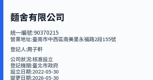麵舍有限公司的照片-統編 90370215(臺南市) 公司登記資料與營業項目詳細圖表