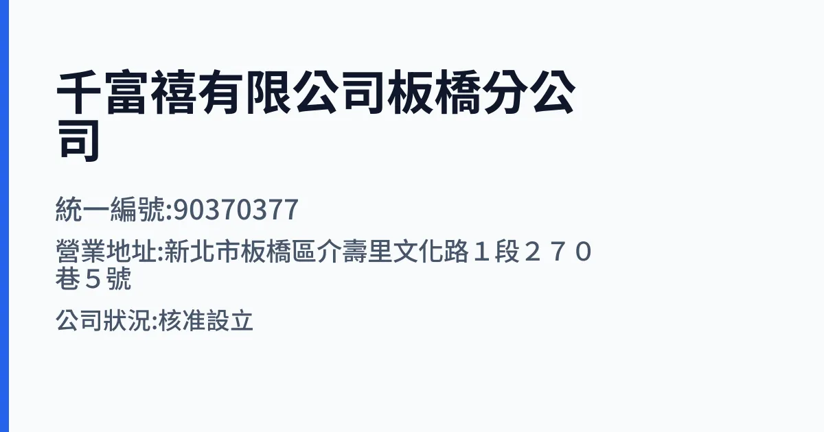 千富禧有限公司板橋分公司 - 統編 90370377(新北市) 公司登記資料與營業項目詳細圖表