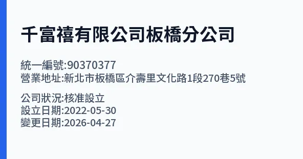 千富禧有限公司板橋分公司的照片-統編 90370377(新北市) 公司登記資料與營業項目詳細圖表