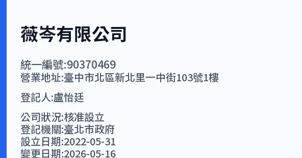 薇岑有限公司的照片-統編 90370469(臺中市) 公司登記資料與營業項目詳細圖表