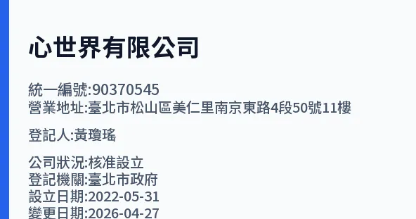 心世界有限公司的照片-統編 90370545(臺北市) 公司登記資料與營業項目詳細圖表