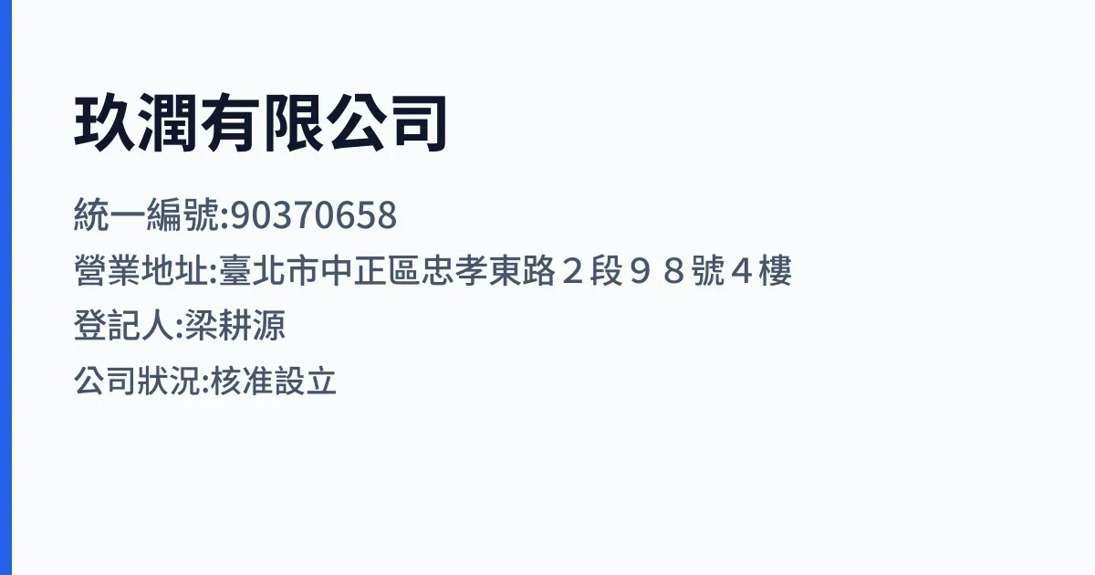 玖潤有限公司 - 統編 90370658(臺北市) 公司登記資料與營業項目詳細圖表