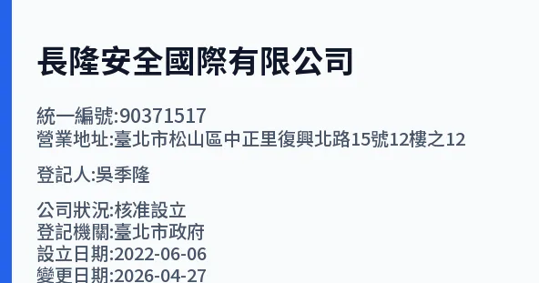 長隆安全國際有限公司的照片-統編 90371517(臺北市) 公司登記資料與營業項目詳細圖表