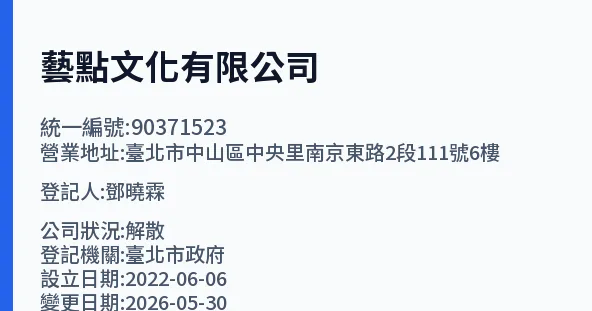 藝點文化有限公司的照片-統編 90371523(臺北市) 公司登記資料與營業項目詳細圖表