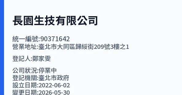 長園生技有限公司的照片-統編 90371642(臺北市) 公司登記資料與營業項目詳細圖表