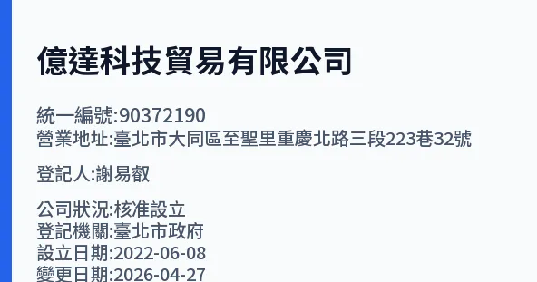 億達科技貿易有限公司的照片-統編 90372190(臺北市) 公司登記資料與營業項目詳細圖表
