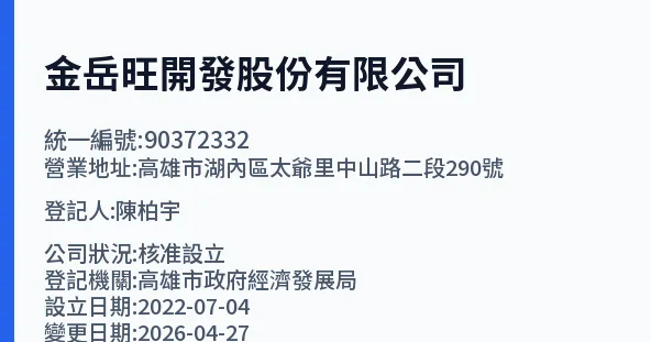 金岳旺開發股份有限公司的照片-統編 90372332(高雄市) 公司登記資料與營業項目詳細圖表