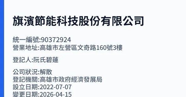 旗濱節能科技股份有限公司的照片-統編 90372924(高雄市) 公司登記資料與營業項目詳細圖表