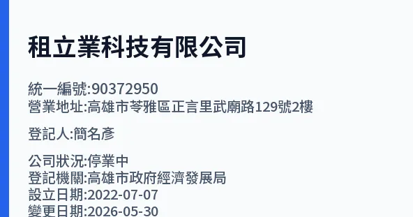租立業科技有限公司的照片-統編 90372950(高雄市) 公司登記資料與營業項目詳細圖表