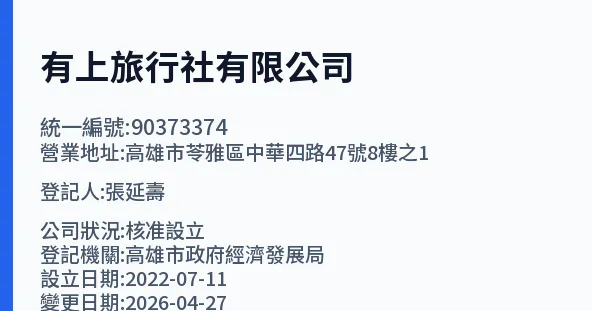 有上旅行社有限公司的照片-統編 90373374(高雄市) 公司登記資料與營業項目詳細圖表