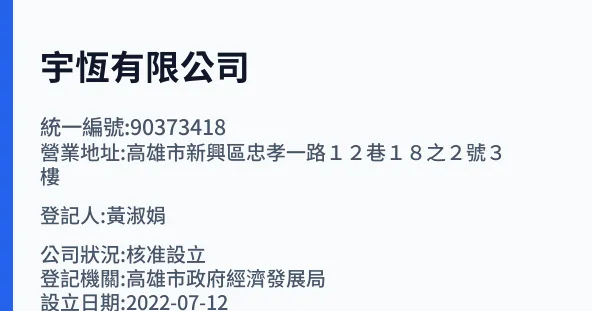 宇恆有限公司的照片-統編 90373418(高雄市) 公司登記資料與營業項目詳細圖表