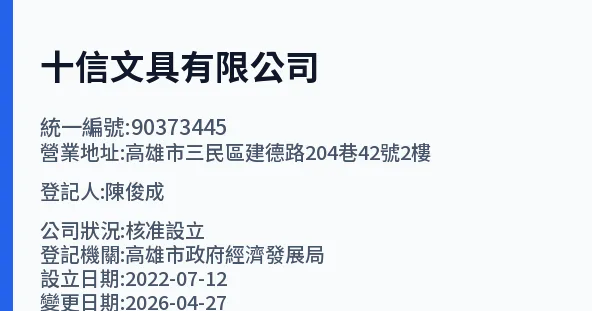 十信文具有限公司的照片-統編 90373445(高雄市) 公司登記資料與營業項目詳細圖表
