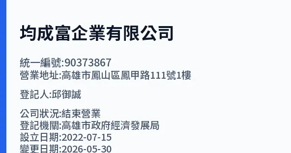 均成富企業有限公司的照片-統編 90373867(高雄市) 公司登記資料與營業項目詳細圖表