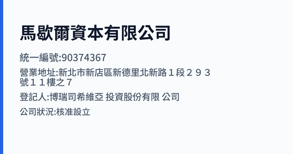 馬歇爾資本有限公司 - 統編 90374367(新北市) 公司登記資料與營業項目詳細圖表
