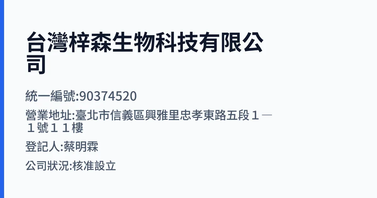 台灣梓森生物科技有限公司 - 統編 90374520(臺北市) 公司登記資料與營業項目詳細圖表