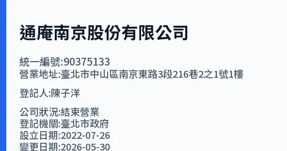 通庵南京股份有限公司的照片-統編 90375133(臺北市) 公司登記資料與營業項目詳細圖表