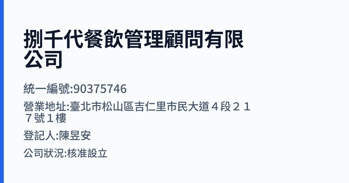 捌千代餐飲管理顧問有限公司 - 統編 90375746(臺北市) 公司登記資料與營業項目詳細圖表