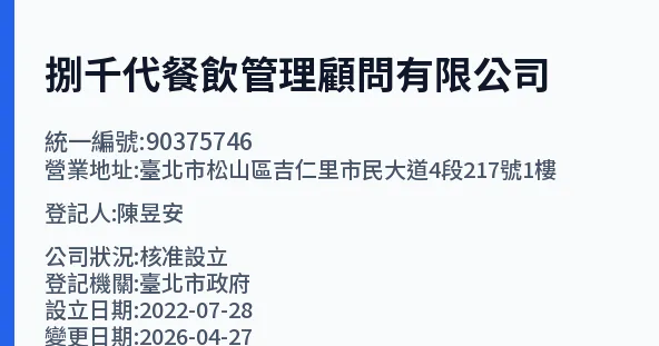 捌千代餐飲管理顧問有限公司的照片-統編 90375746(臺北市) 公司登記資料與營業項目詳細圖表