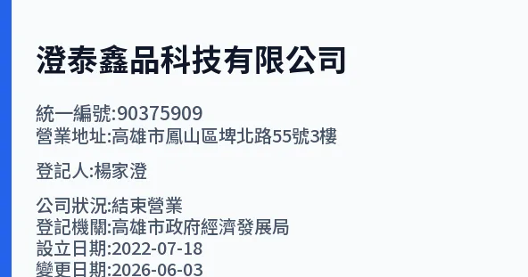 澄泰鑫品科技有限公司的照片-統編 90375909(高雄市) 公司登記資料與營業項目詳細圖表