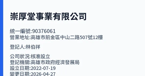 崇厚堂事業有限公司的照片-統編 90376061(高雄市) 公司登記資料與營業項目詳細圖表