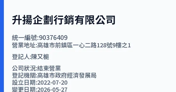 升揚企劃行銷有限公司的照片-統編 90376409(高雄市) 公司登記資料與營業項目詳細圖表