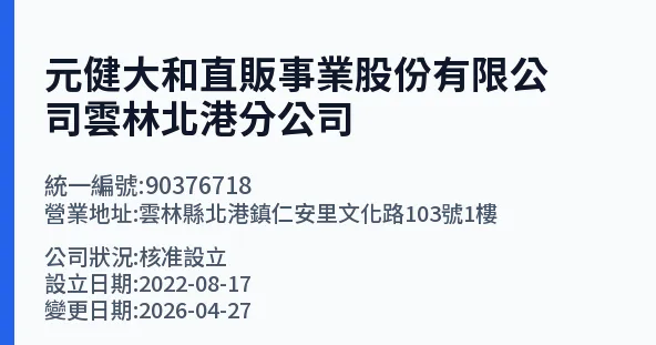 元健大和直販事業股份有限公司雲林北港分公司的照片-統編 90376718(雲林縣) 公司登記資料與營業項目詳細圖表