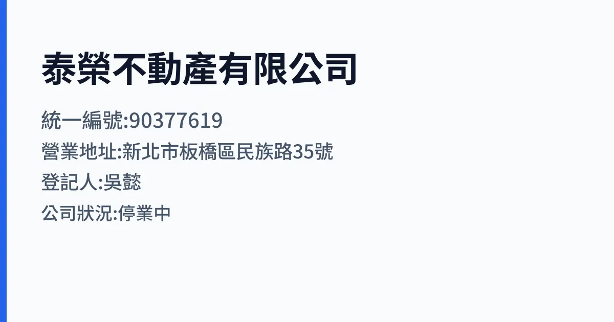泰榮不動產有限公司 - 統編 90377619(新北市) 公司登記資料與營業項目詳細圖表