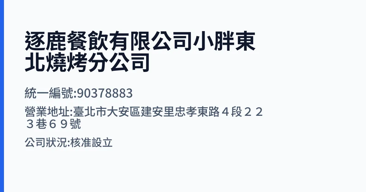 逐鹿餐飲有限公司小胖東北燒烤分公司 - 統編 90378883(臺北市) 公司登記資料與營業項目詳細圖表