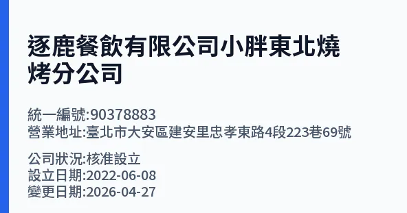 逐鹿餐飲有限公司小胖東北燒烤分公司的照片-統編 90378883(臺北市) 公司登記資料與營業項目詳細圖表