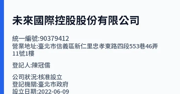 未來國際控股股份有限公司的照片-統編 90379412(臺北市) 公司登記資料與營業項目詳細圖表