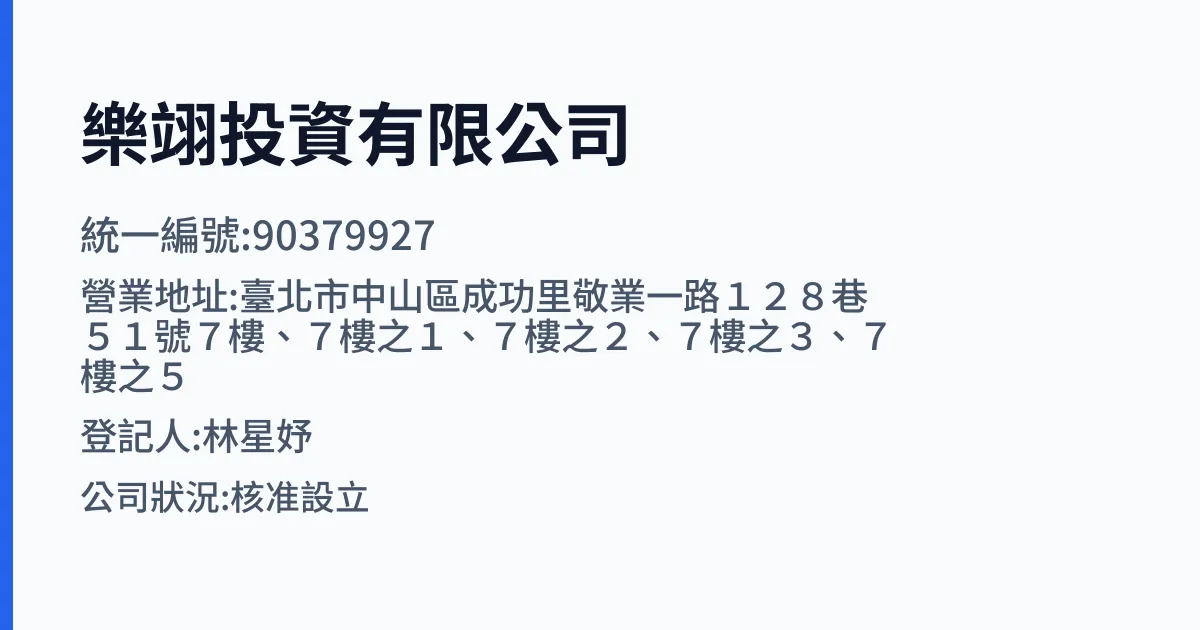 樂翊投資有限公司 - 統編 90379927(臺北市) 公司登記資料與營業項目詳細圖表