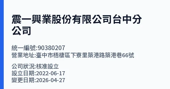 震一興業股份有限公司台中分公司的照片-統編 90380207(臺中市) 公司登記資料與營業項目詳細圖表