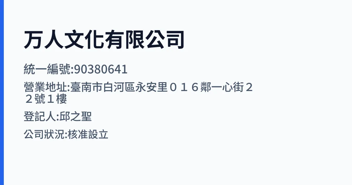 万人文化有限公司 - 統編 90380641(臺南市) 公司登記資料與營業項目詳細圖表