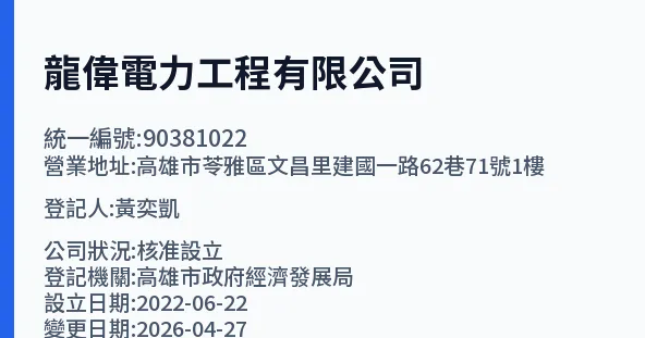 龍偉電力工程有限公司的照片-統編 90381022(高雄市) 公司登記資料與營業項目詳細圖表