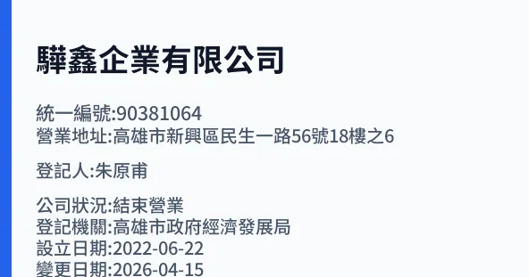 驊鑫企業有限公司的照片-統編 90381064(高雄市) 公司登記資料與營業項目詳細圖表
