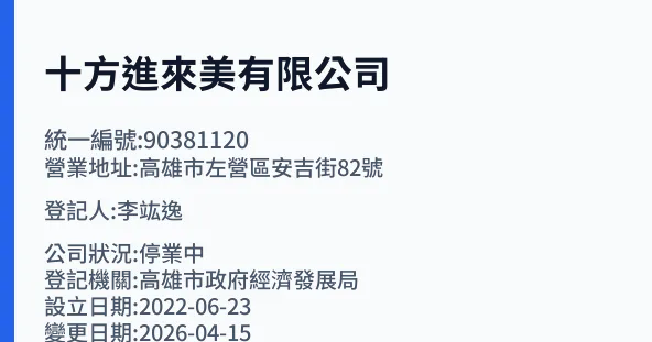 十方進來美有限公司的照片-統編 90381120(高雄市) 公司登記資料與營業項目詳細圖表