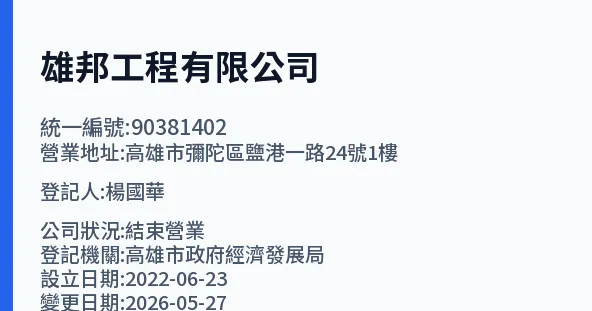 雄邦工程有限公司的照片-統編 90381402(高雄市) 公司登記資料與營業項目詳細圖表