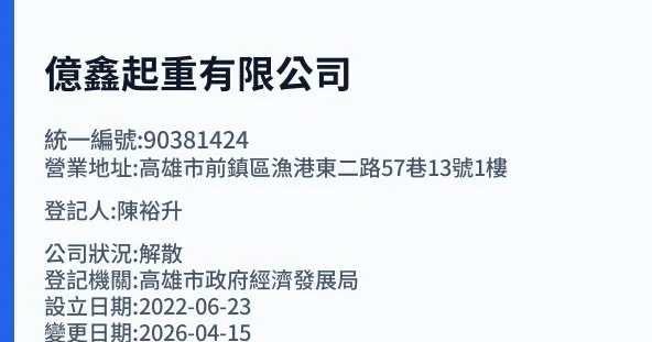 億鑫起重有限公司的照片-統編 90381424(高雄市) 公司登記資料與營業項目詳細圖表