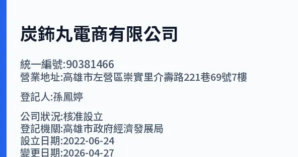 炭鈽丸電商有限公司的照片-統編 90381466(高雄市) 公司登記資料與營業項目詳細圖表