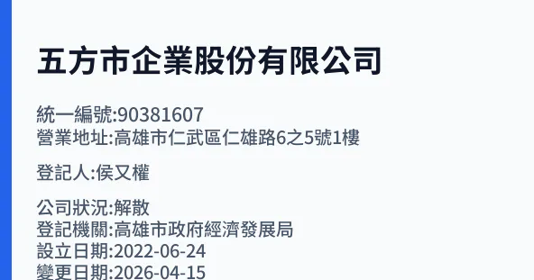 五方市企業股份有限公司的照片-統編 90381607(高雄市) 公司登記資料與營業項目詳細圖表