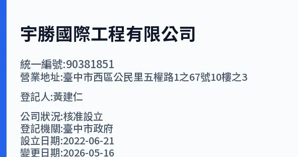 宇勝國際工程有限公司的照片-統編 90381851(臺中市) 公司登記資料與營業項目詳細圖表