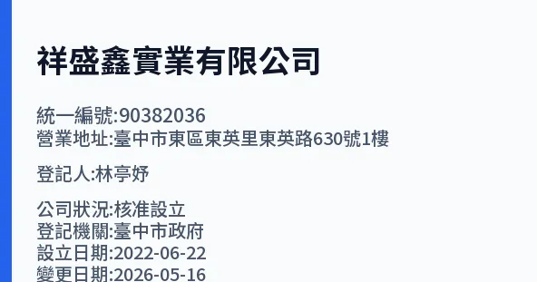 祥盛鑫實業有限公司的照片-統編 90382036(臺中市) 公司登記資料與營業項目詳細圖表