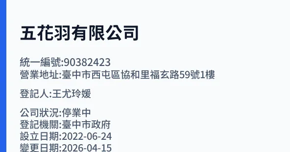 五花羽有限公司的照片-統編 90382423(臺中市) 公司登記資料與營業項目詳細圖表