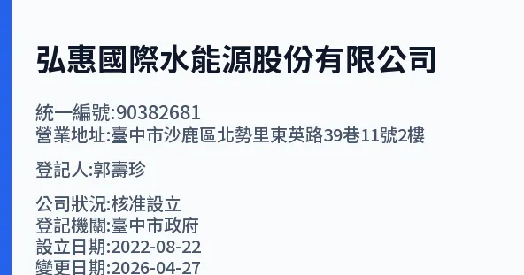 弘惠國際水能源股份有限公司的照片-統編 90382681(臺中市) 公司登記資料與營業項目詳細圖表