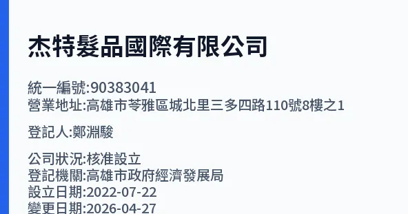 杰特髮品國際有限公司的照片-統編 90383041(高雄市) 公司登記資料與營業項目詳細圖表