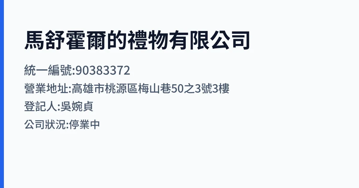馬舒霍爾的禮物有限公司 - 統編 90383372(高雄市) 公司登記資料與營業項目詳細圖表
