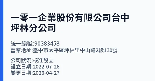 一零一企業股份有限公司台中坪林分公司的照片-統編 90383458(臺中市) 公司登記資料與營業項目詳細圖表